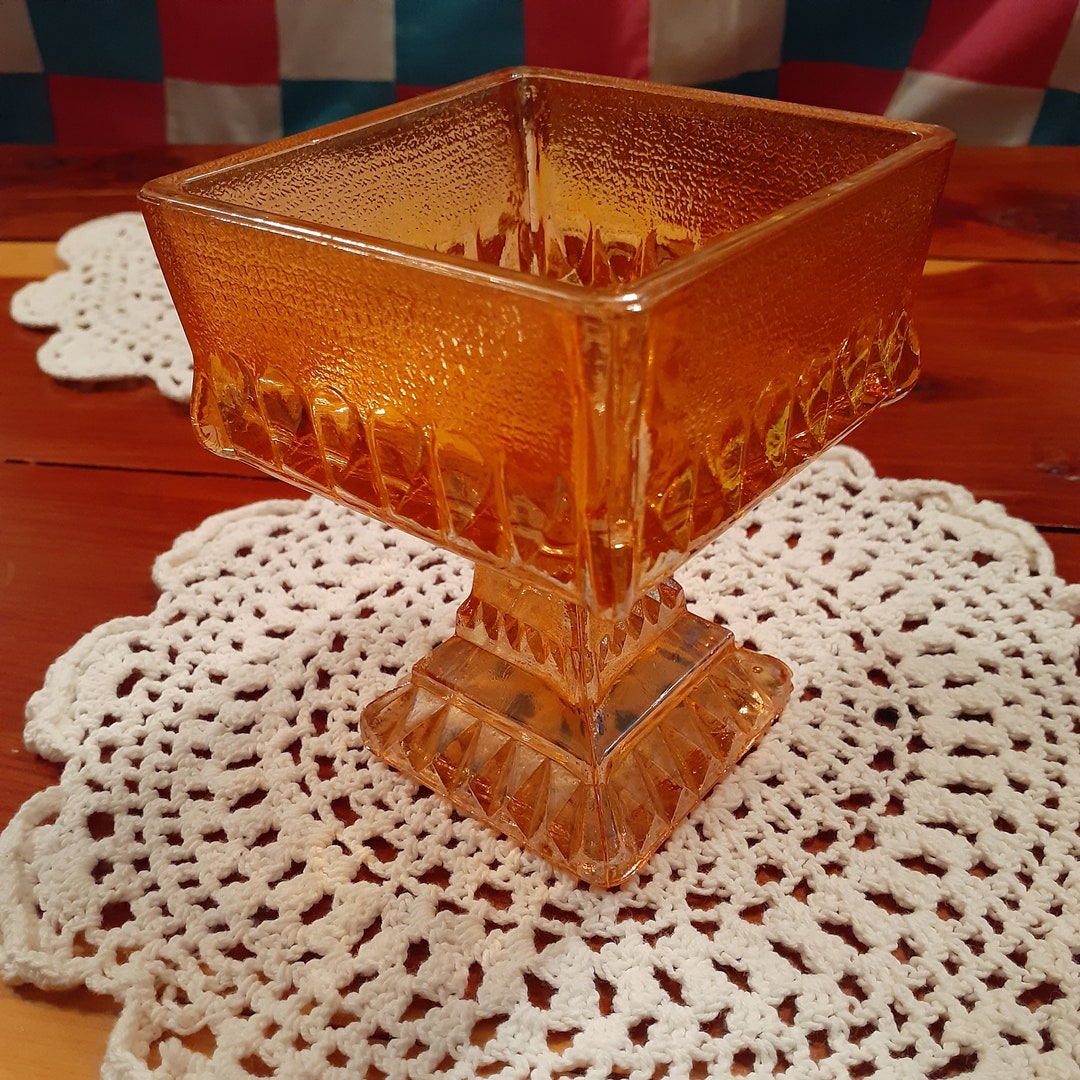 1960's Jeanette Glass Wedding Cake Box Pedestal Candy Dish in Apricot ...