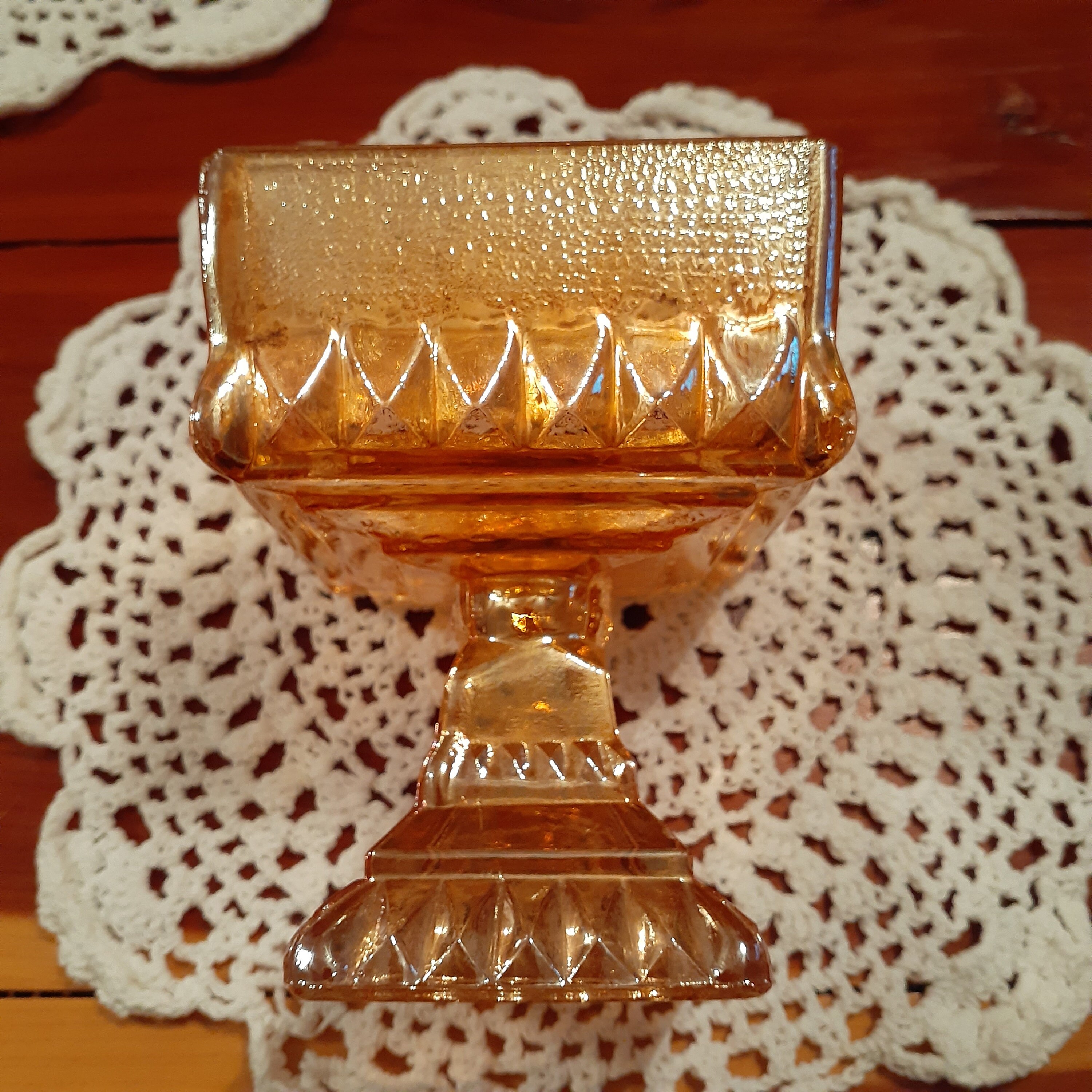 1960's Jeanette Glass Wedding Cake Box Pedestal Candy Dish in Apricot ...