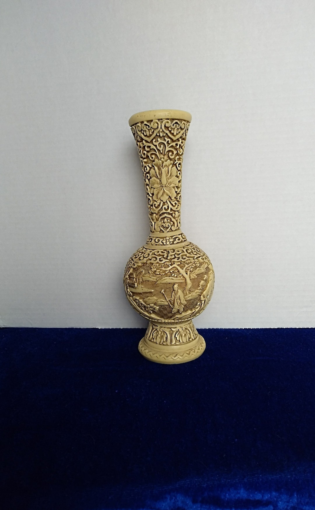Vintage Signed Hand Carved Ivory Coloured Soapstone/resin Vase - Etsy