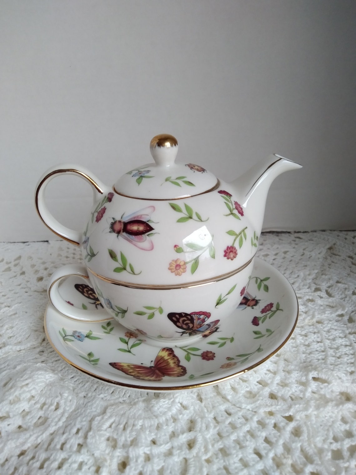 Vintage Adeline Fine Porcelain Tea for One With Flowers, Butterfly, Bee ...