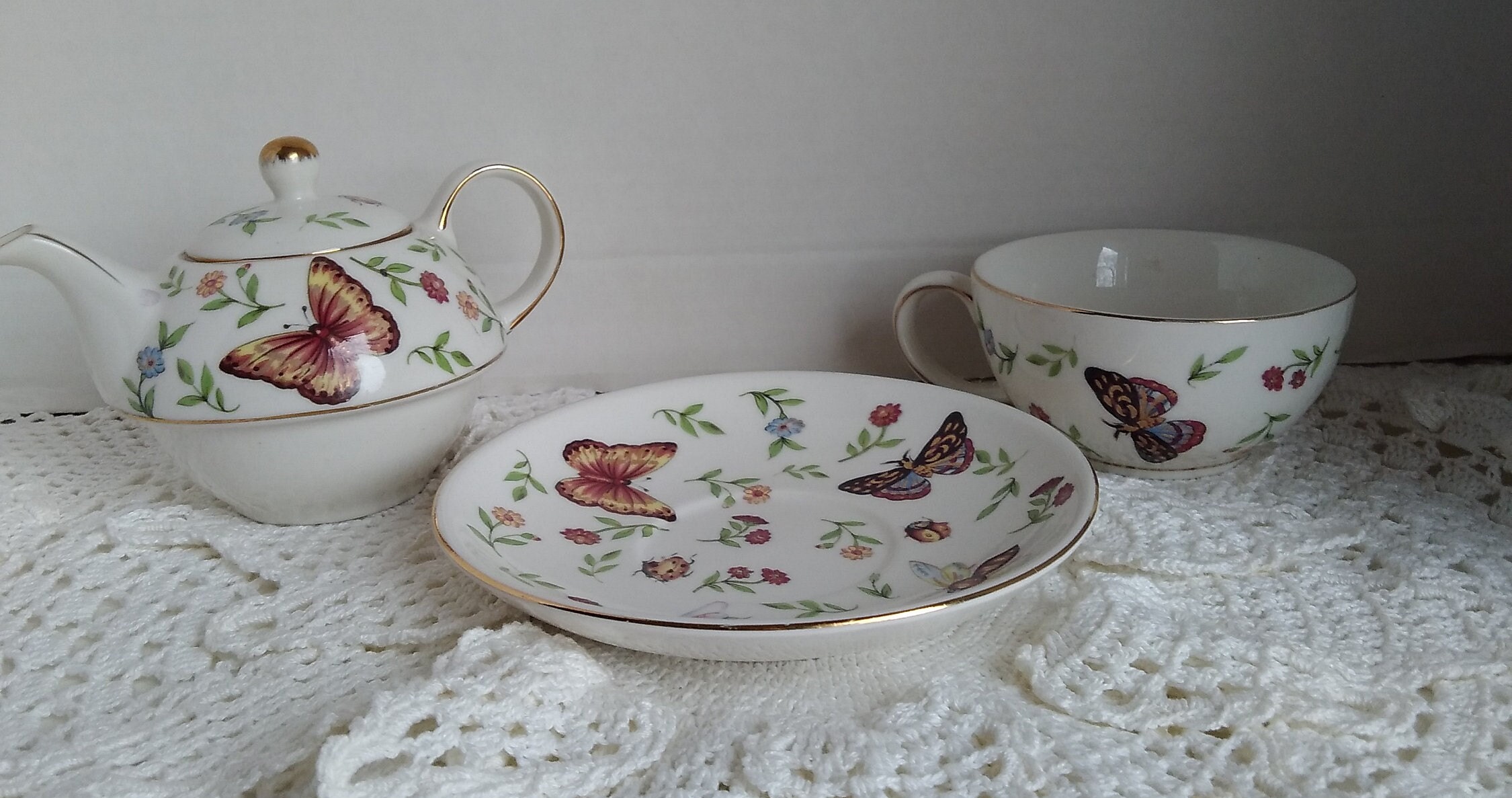 Vintage Adeline Fine Porcelain Tea for One With Flowers, Butterfly, Bee ...