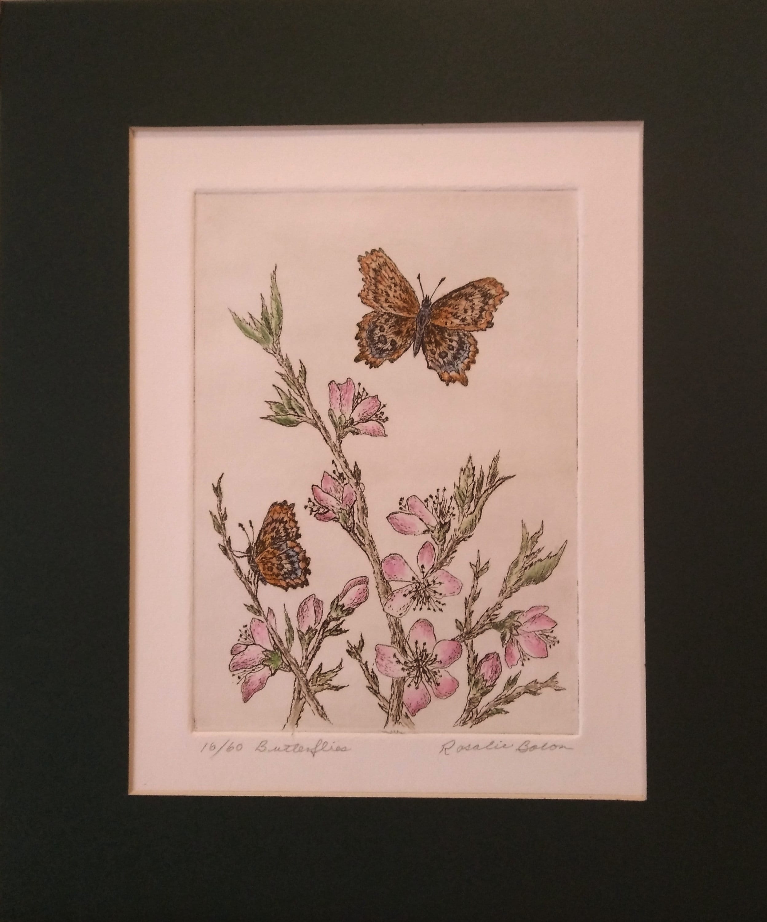 Original Drawing of Butterflies and Flowers, Original Etching, Hand ...