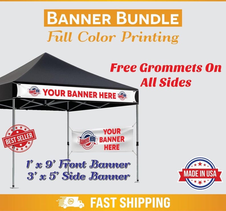 Two Custom Banners, Front 1x9 and Back 3x8 Banner for 10x10 Canopy ...