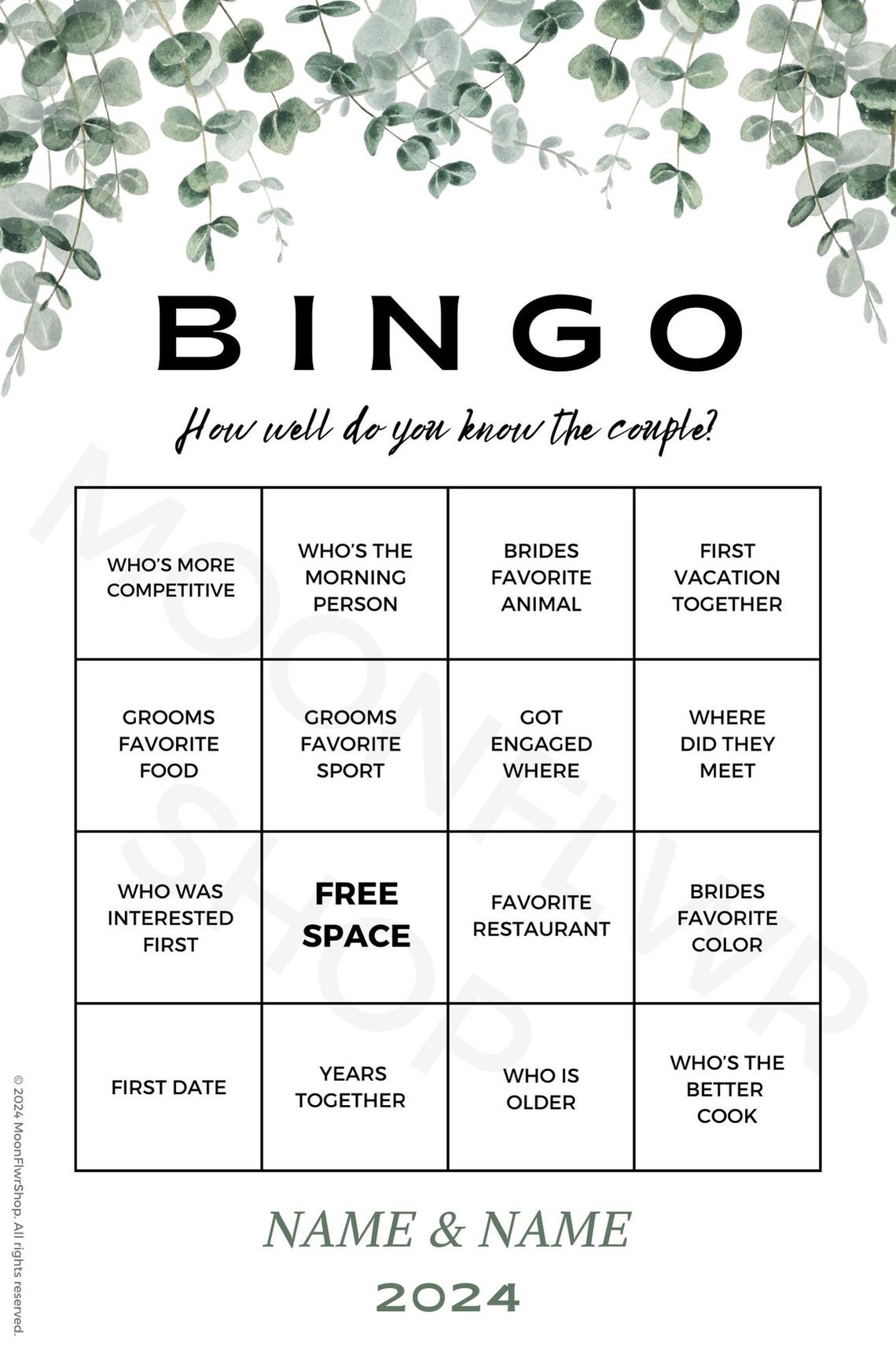 BINGO KIT - Eucalyptus - How Well Do You Know the Couple? Printed Game ...