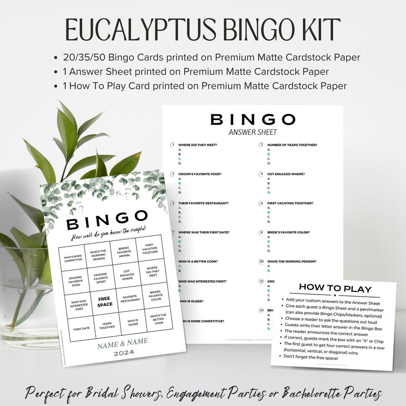 BINGO KIT - Eucalyptus - How Well Do You Know the Couple? Printed Game ...
