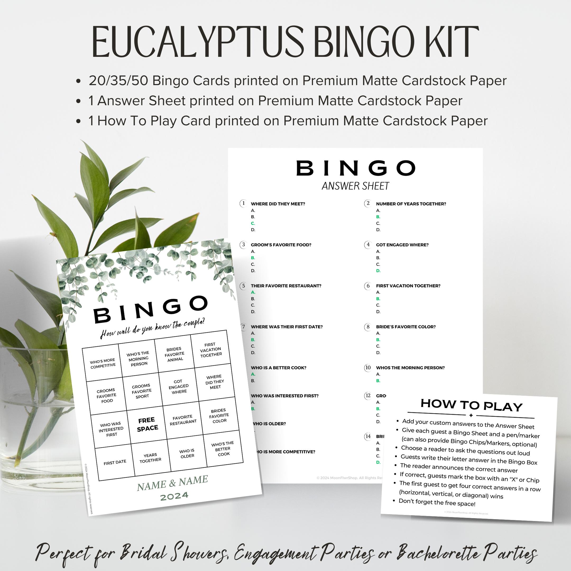 BINGO KIT - Eucalyptus - How Well Do You Know the Couple? Printed Game - Engagement Party ...