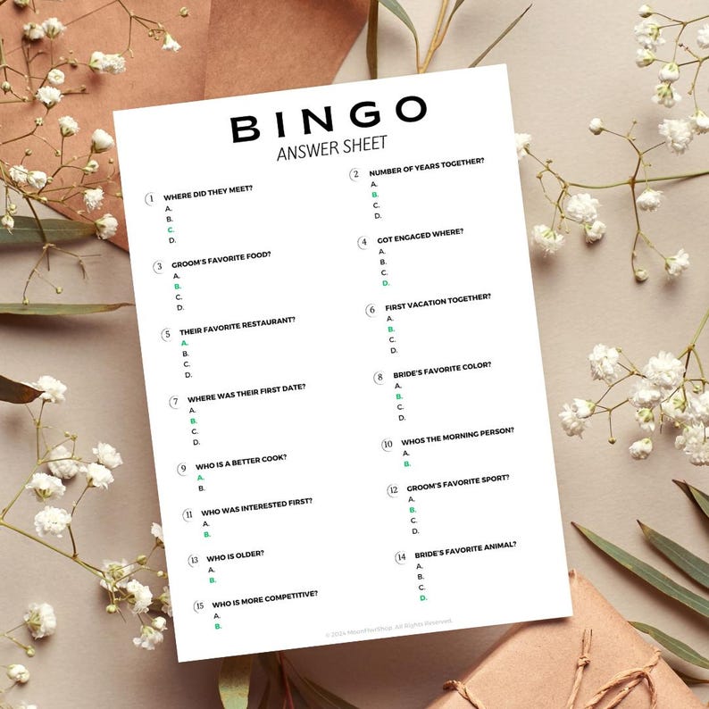 BINGO KIT - Eucalyptus - How Well Do You Know the Couple? Printed Game ...
