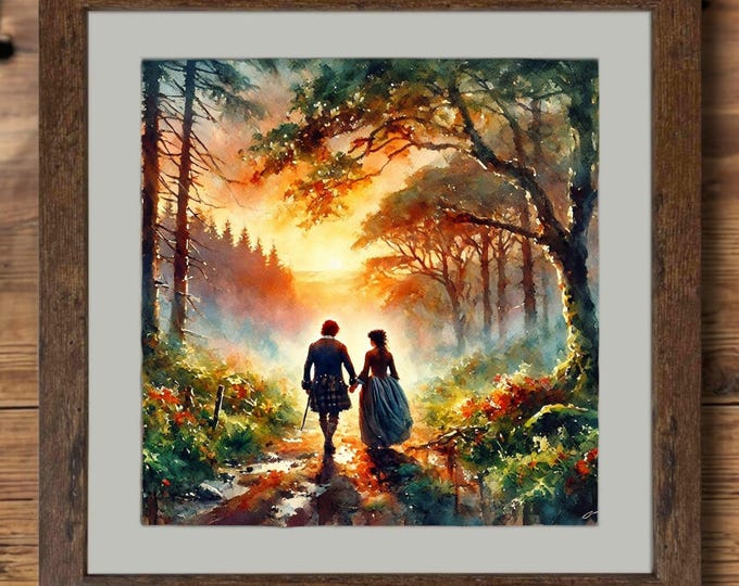 Outlander Jamie Claire Print, Scottish Highlands Wall Art, Rustic Oak ...