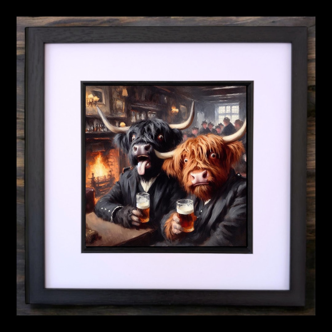 Highland Cow Pub Print: Scottish Wall Art in Black Frame (12x12) - Etsy