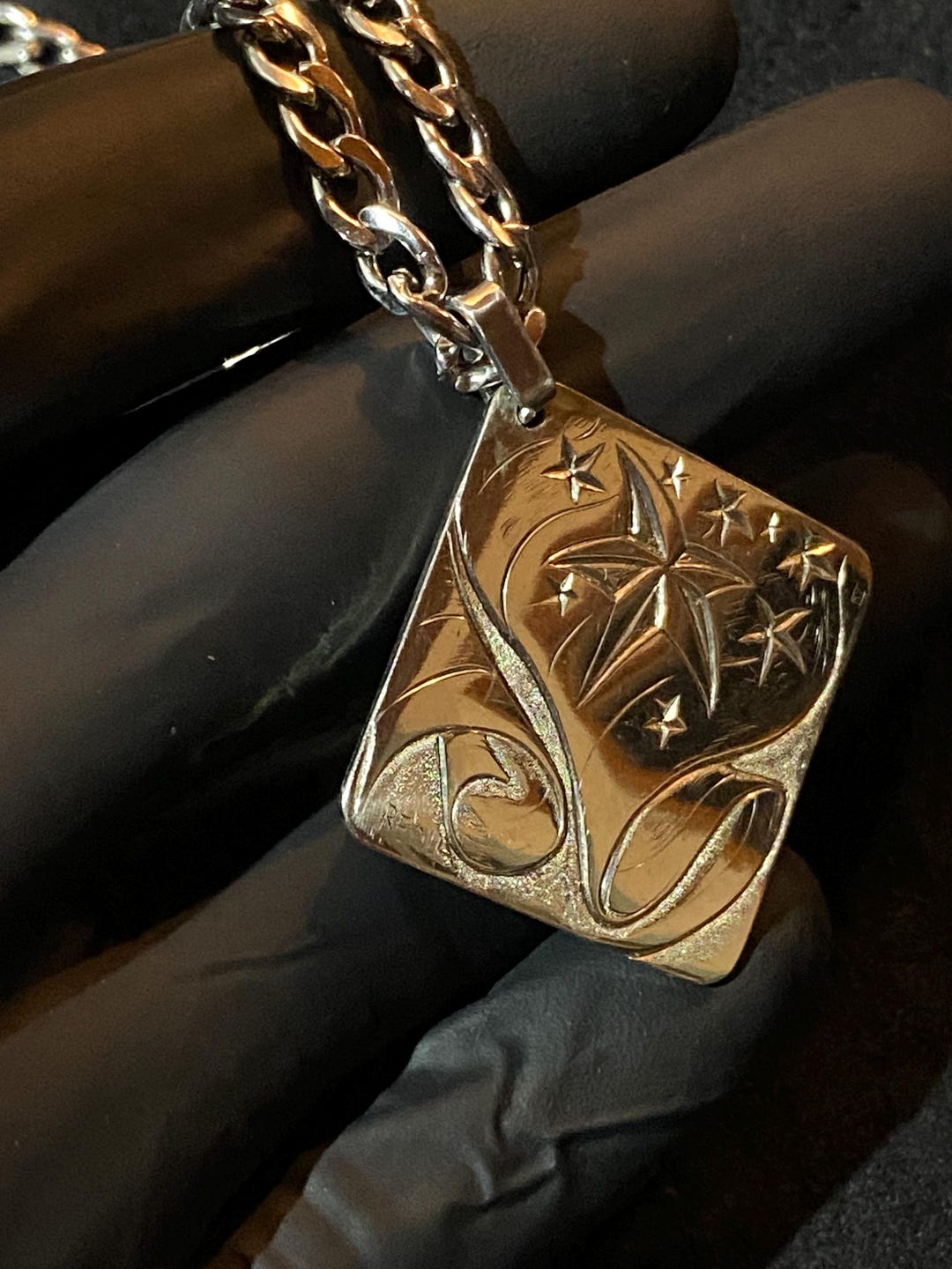 Hand Engraved Nickel Silver Stars & Stripes Necklace Pendant With Cuban ...