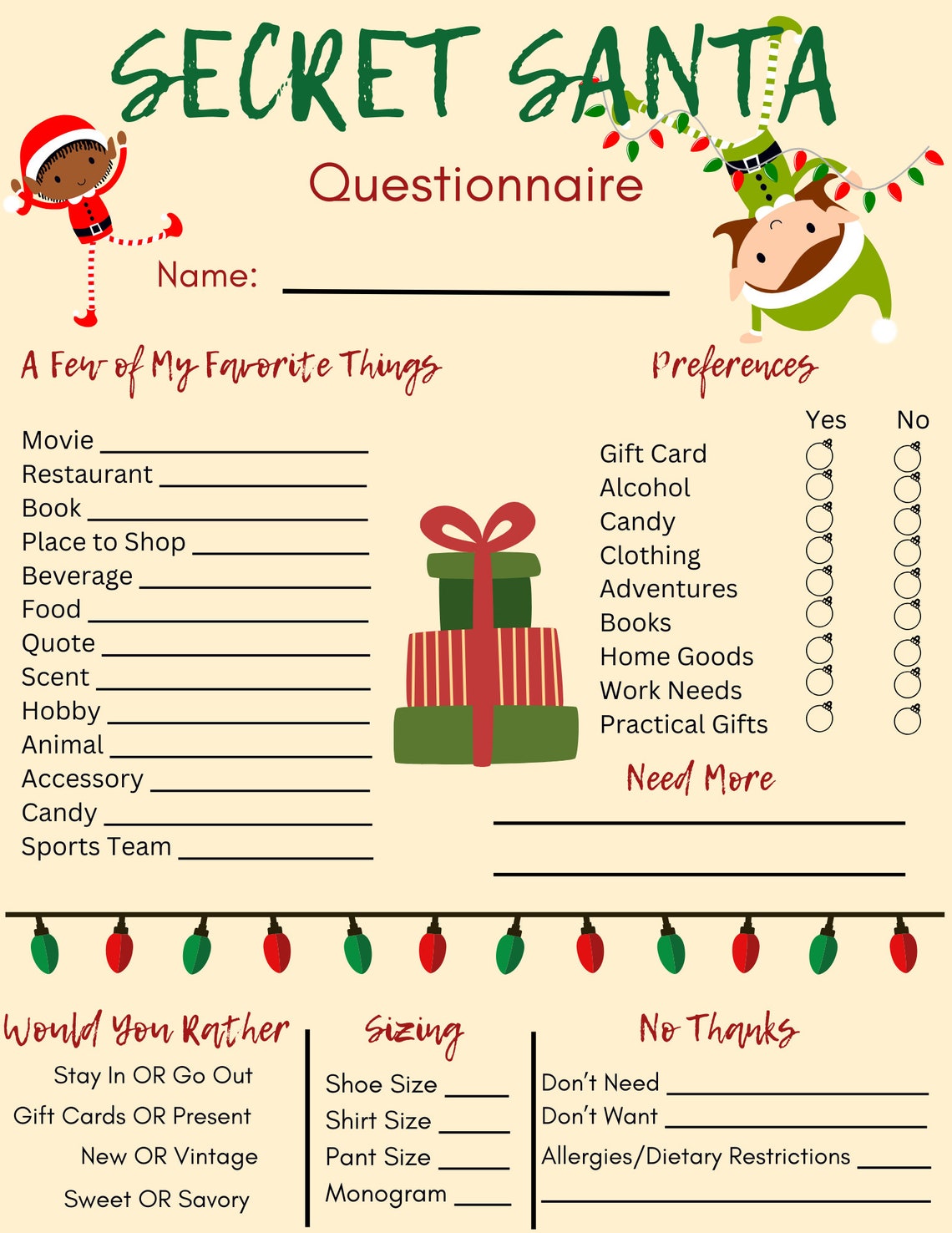 Secret Santa Questionnaire, Holiday Christmas Gift Exchange Form, Wish ...