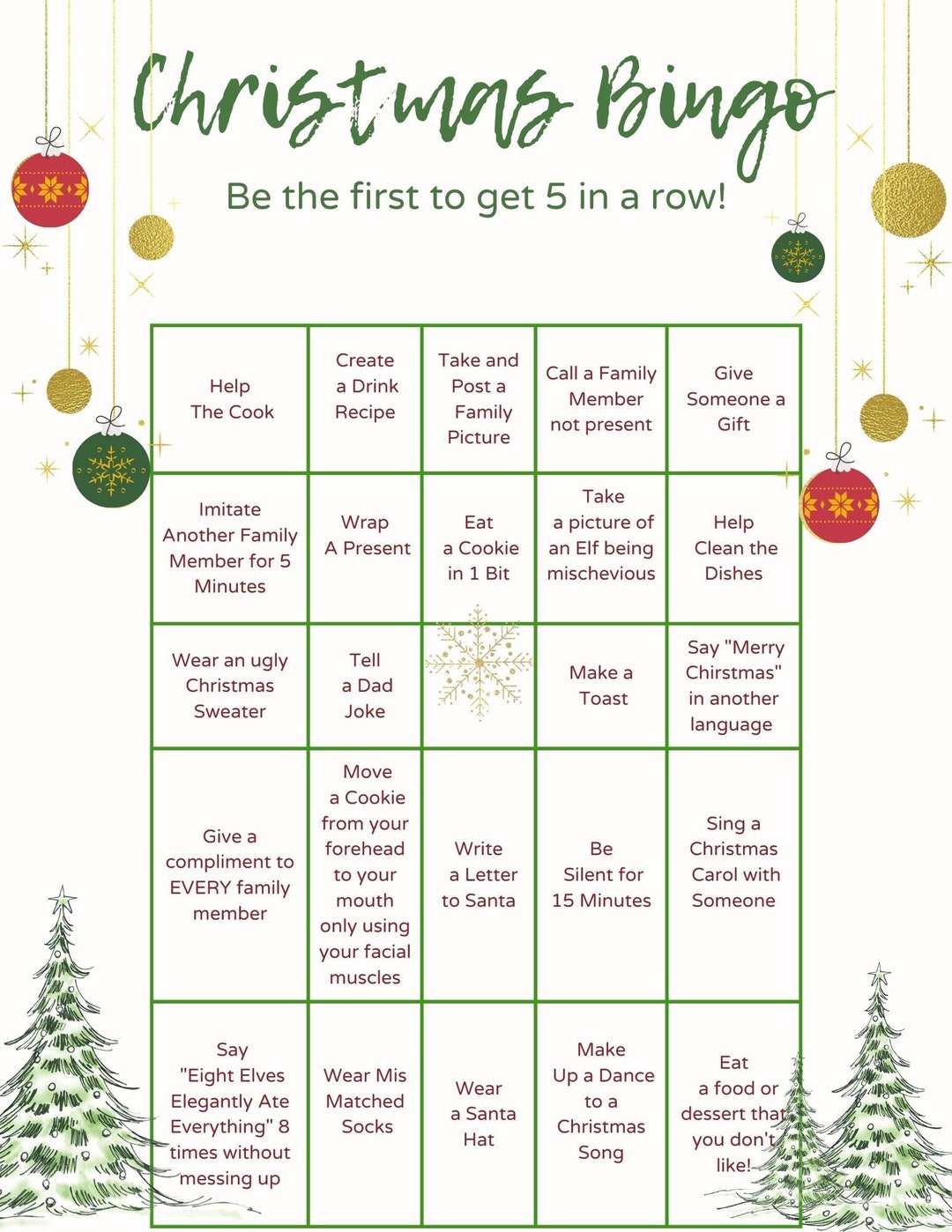 Christmas Family Bingo Card Game, Family Adult and Kids Holiday ...