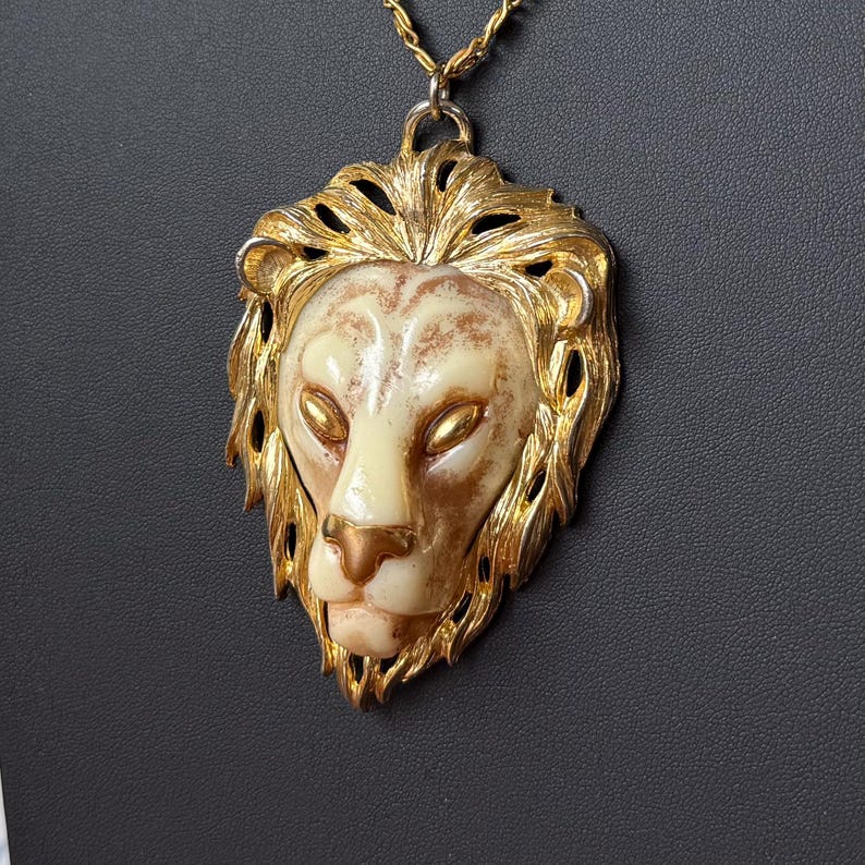 1970s Luca Razza Leo Lion Pendant Necklace | Mixed Metal Resin ...