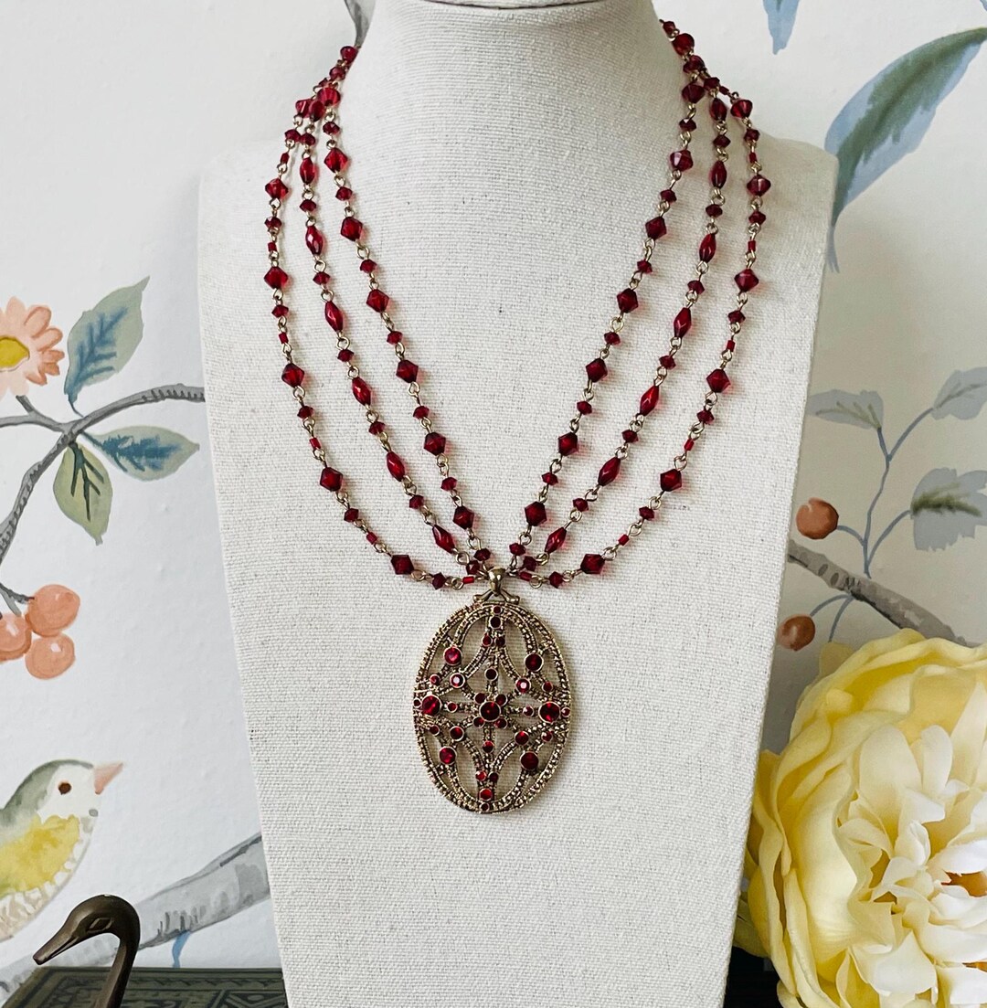 Vintage Gothic Ruby Crystal Pendant Necklace | 1980s Victorian ...