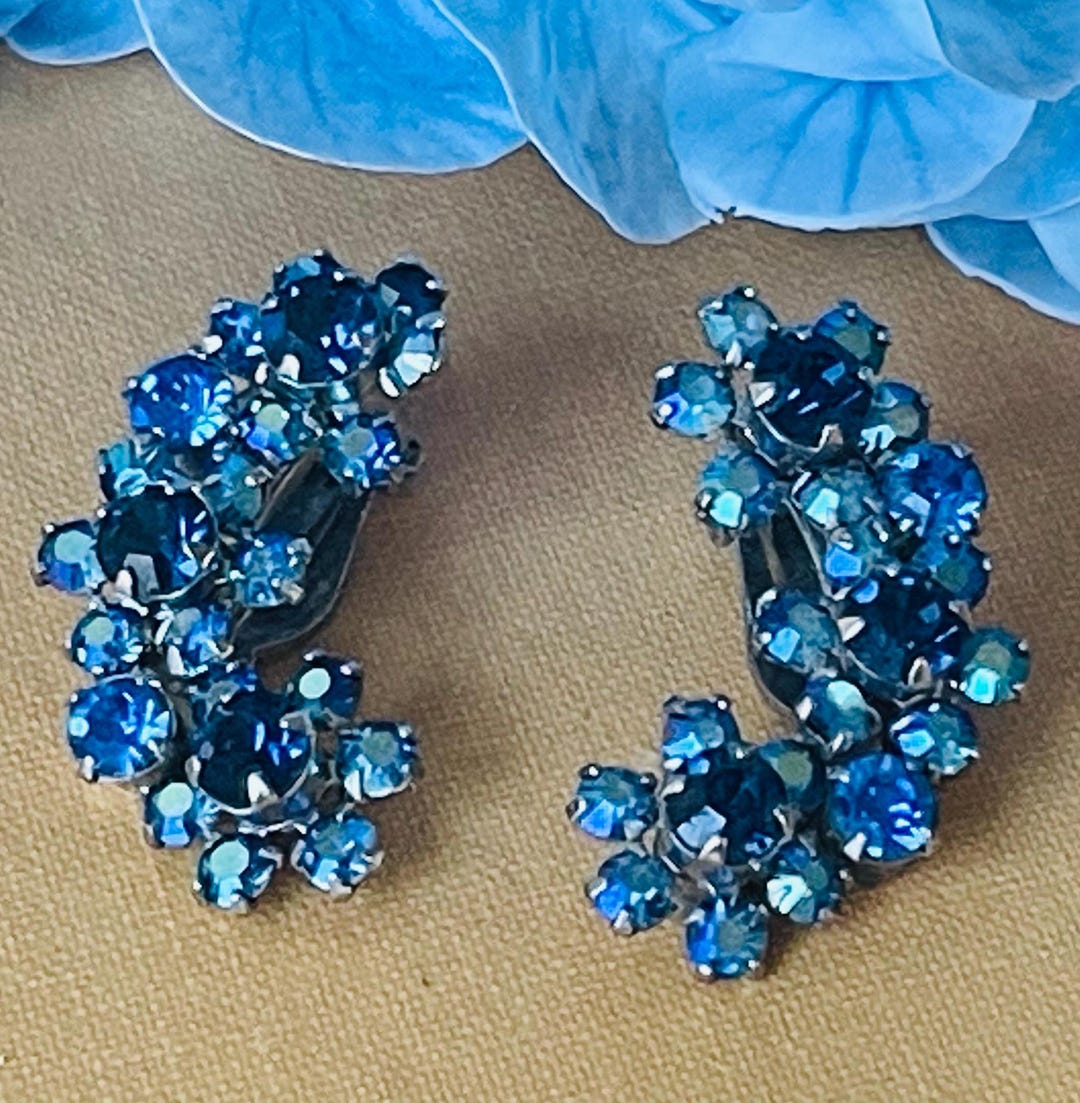 Vintage Kramer Sapphire & Capri Blue Crystal Clip-on Earrings 1950s ...
