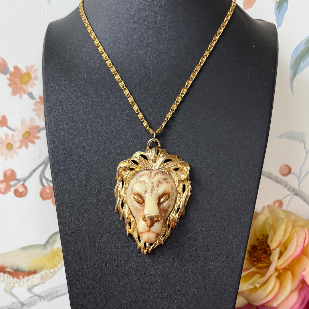 1970s Luca Razza Leo Lion Pendant Necklace | Mixed Metal Resin ...