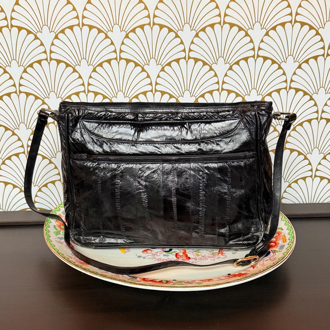 Vintage Black Genuine Eel Skin Shoulder Bag | Adjustable Strap Purse W ...