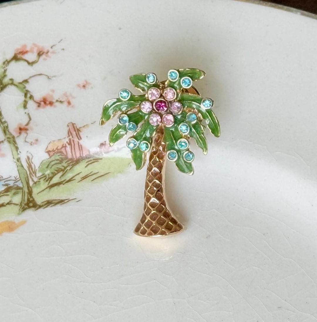 Vintage Nancy & Rise Enamel Crystal Palm Tree Brooch 90s Tropical Beach ...