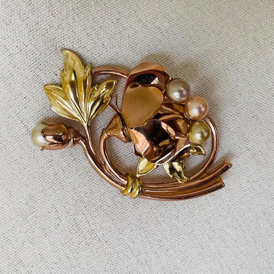 Vintage 1940s Walter Lampl 12k Gold Floral Brooch Art Nouveau Pearl ...