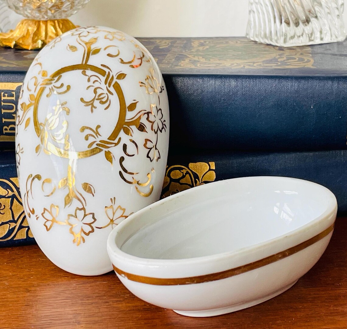 Vintage Lefton China White & Gold Floral Scrollwork Egg Shaped Trinket ...