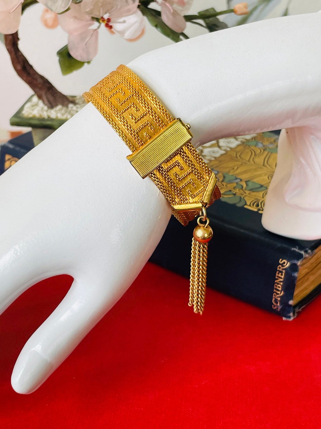 Vintage Greek Key Mesh Bracelet | 1960s Gold Slide Cuff With Tassel ...