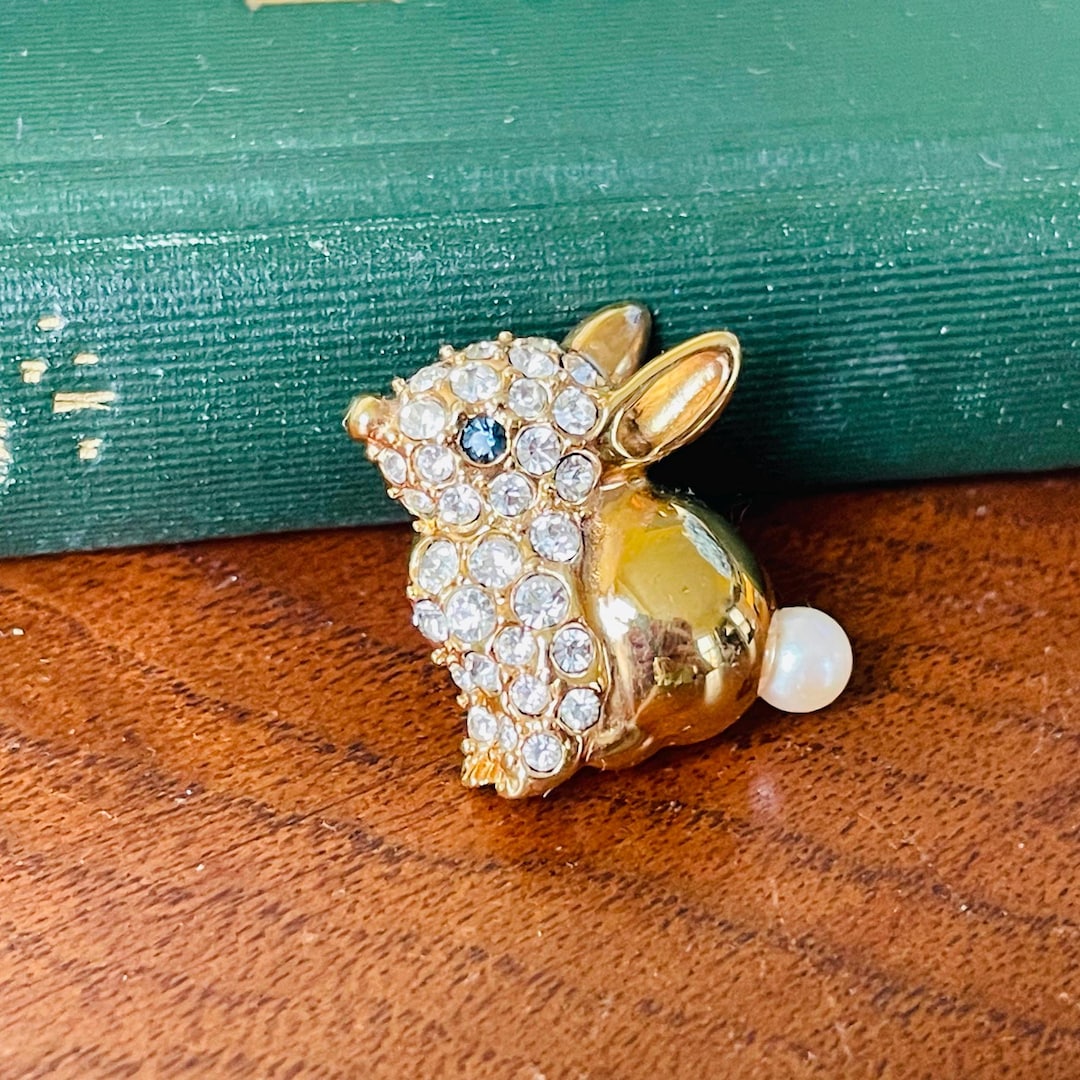 Vintage Krementz Crystal & Pearl Bunny Rabbit Brooch 1950 Gold Rabbit ...