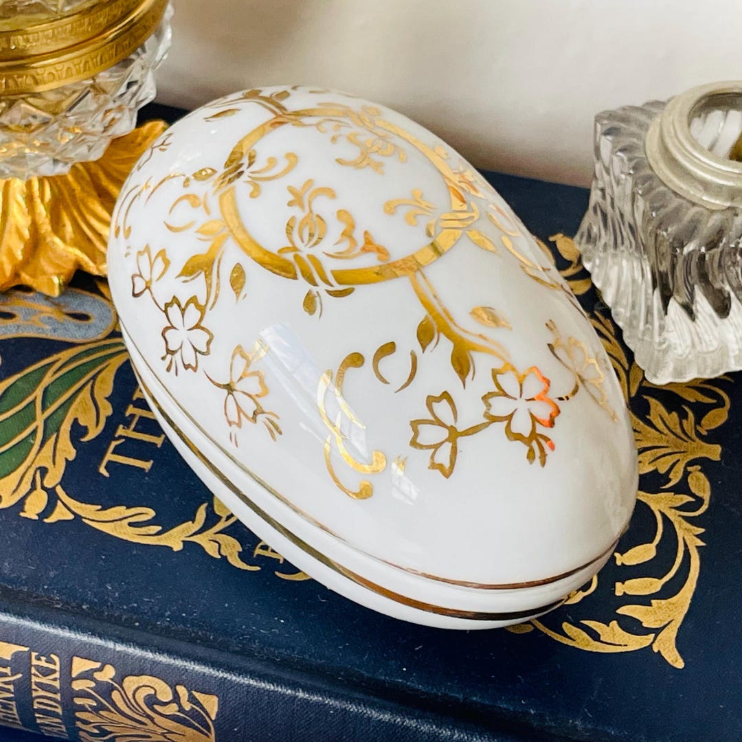 Vintage Lefton China White & Gold Floral Scrollwork Egg Shaped Trinket ...