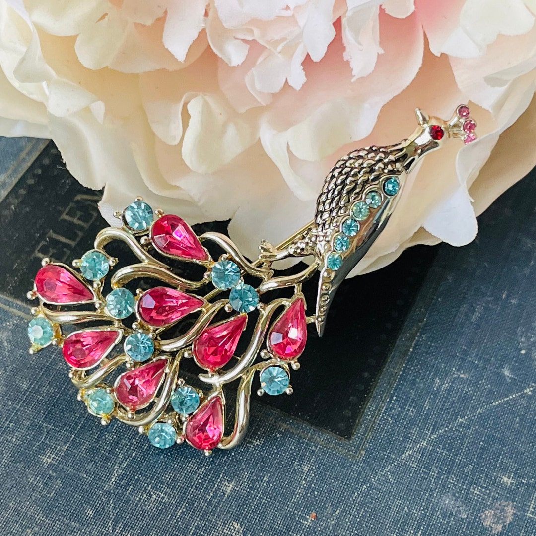 Vintage STAR Blue & Pink Crystal Peacock Brooch 1940s - Etsy