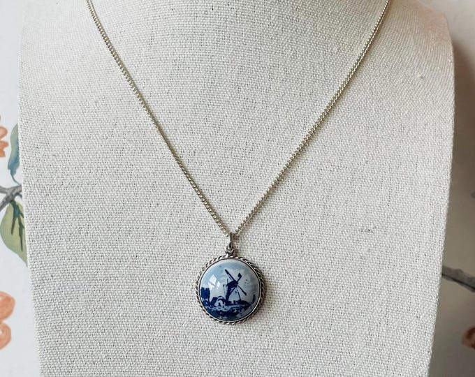 Vintage Delft Blue Porcelain Windmill Pendant Silver Necklace | Vintage ...