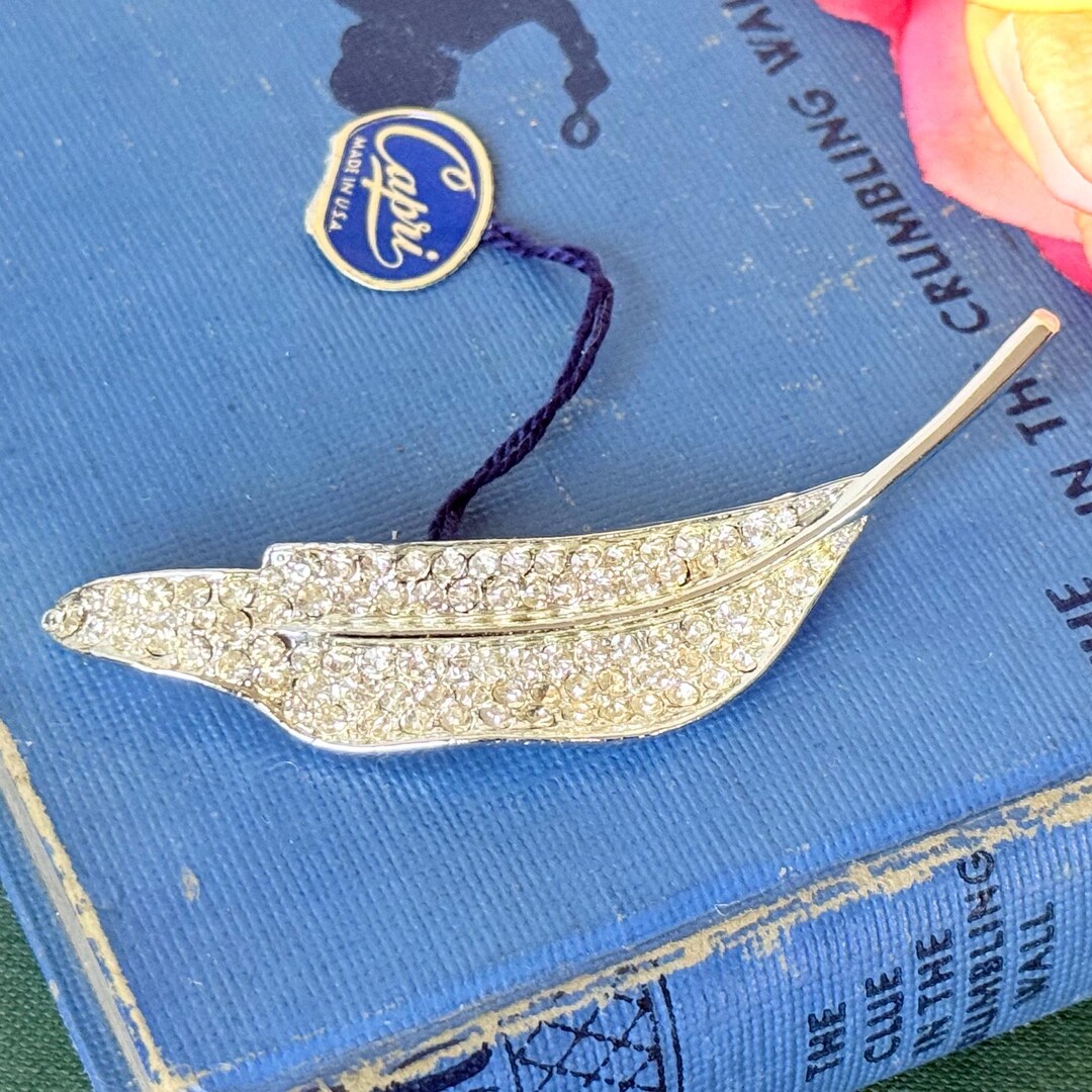 Vintage Capri Crystal Leaf Brooch | 1950s Pave Rhinestone Estate Pin ...