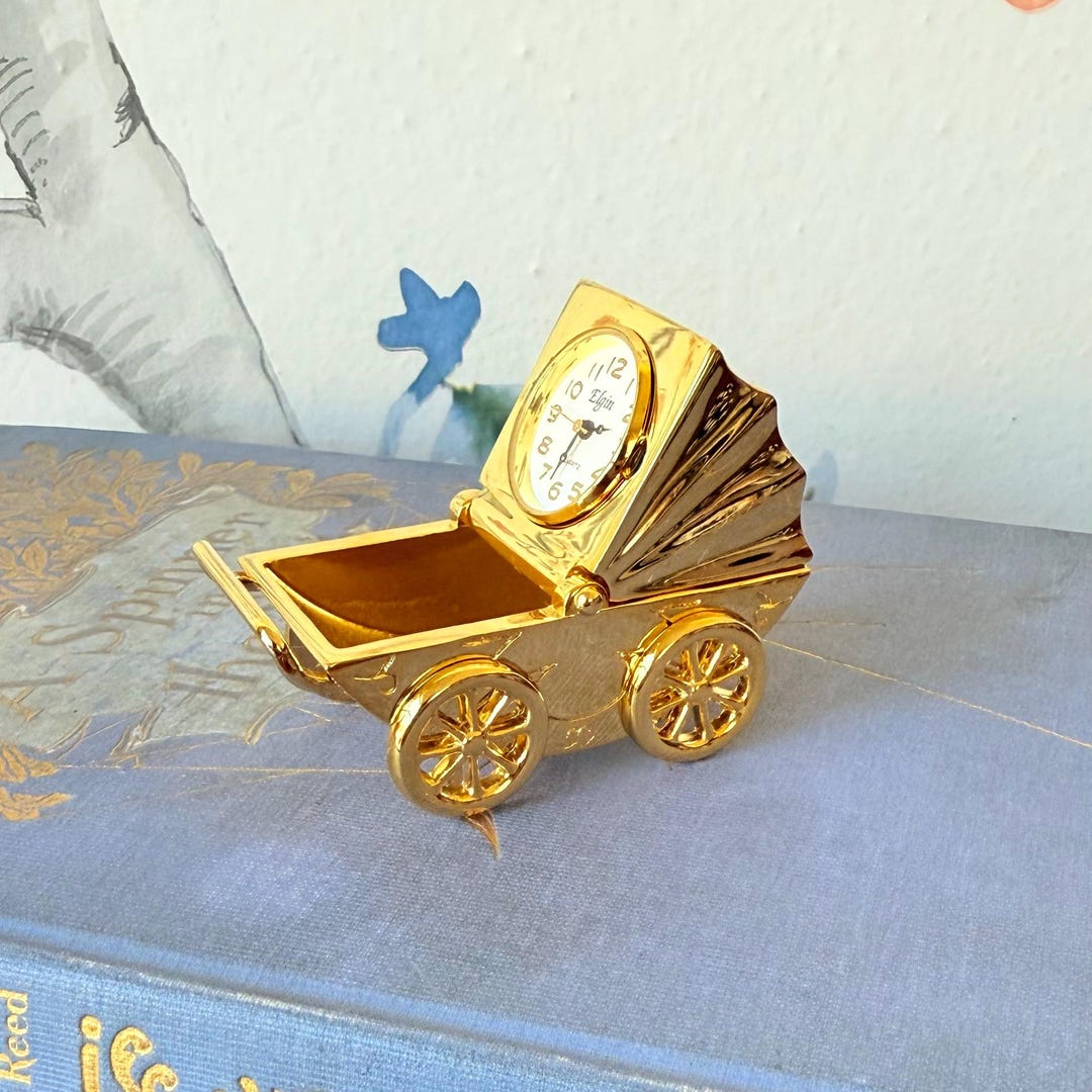 Mini Elgin Baby Carriage Clock | Gold Tone Quartz Carriage Design ...