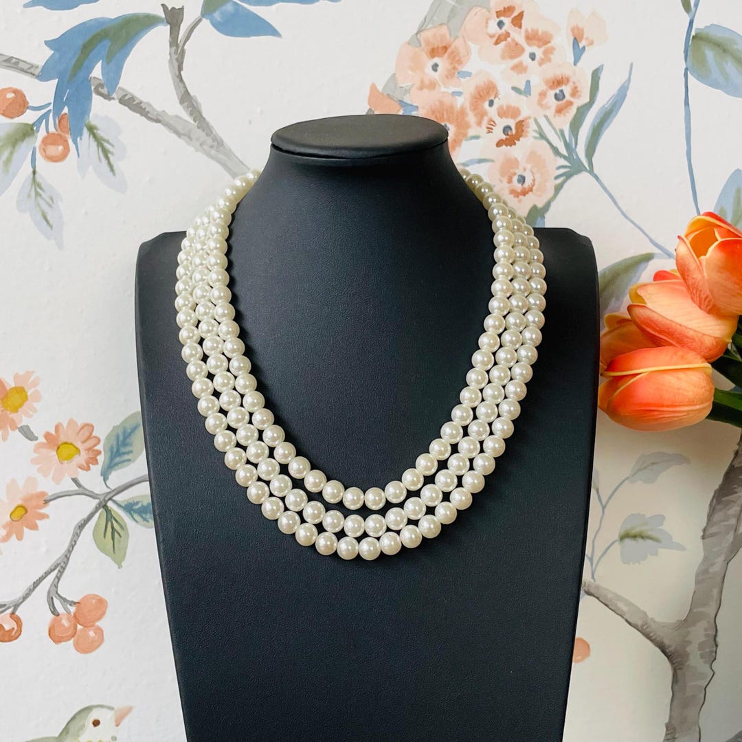 Vintage “jackie’s Pearls” Franklin Mint Triple Strand Pearl Necklace ...