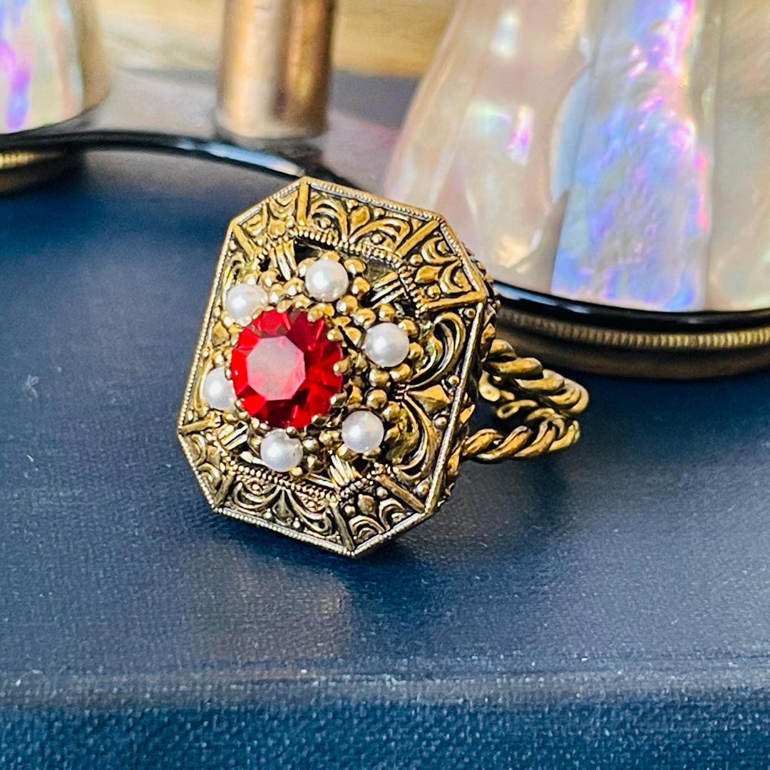 Vintage 1950s West Germany Ring | Ruby Red Crystal & Faux Pearl ...