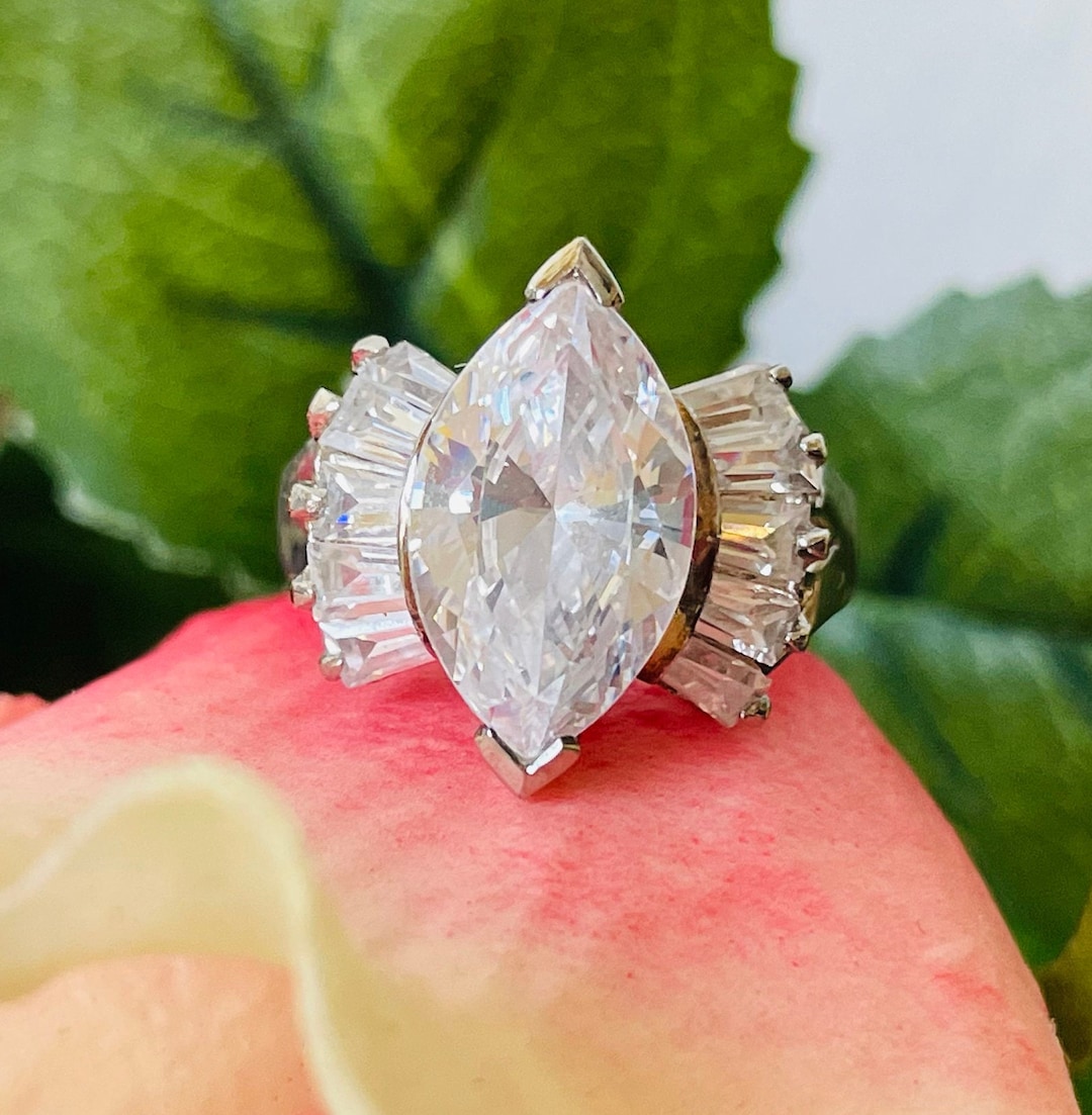 Vintage HAN 925 Sterling Silver Marquise Cut CZ Stone Cocktail Statement Ring 1970s - Etsy