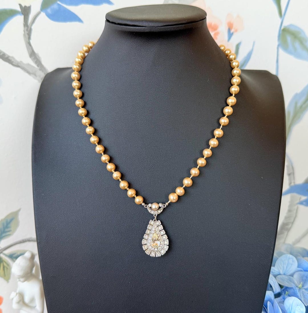 Vintage Marvella Pearl Necklace: Art Deco Crystal Pendant, 1960s ...