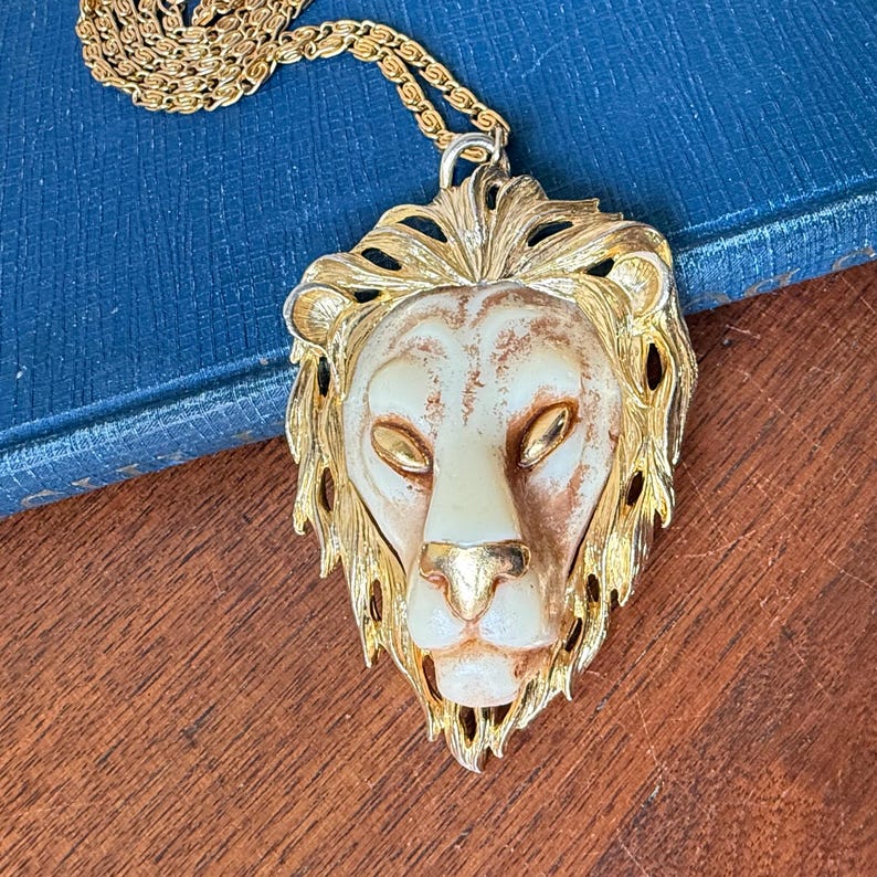 1970s Luca Razza Leo Lion Pendant Necklace | Mixed Metal Resin ...