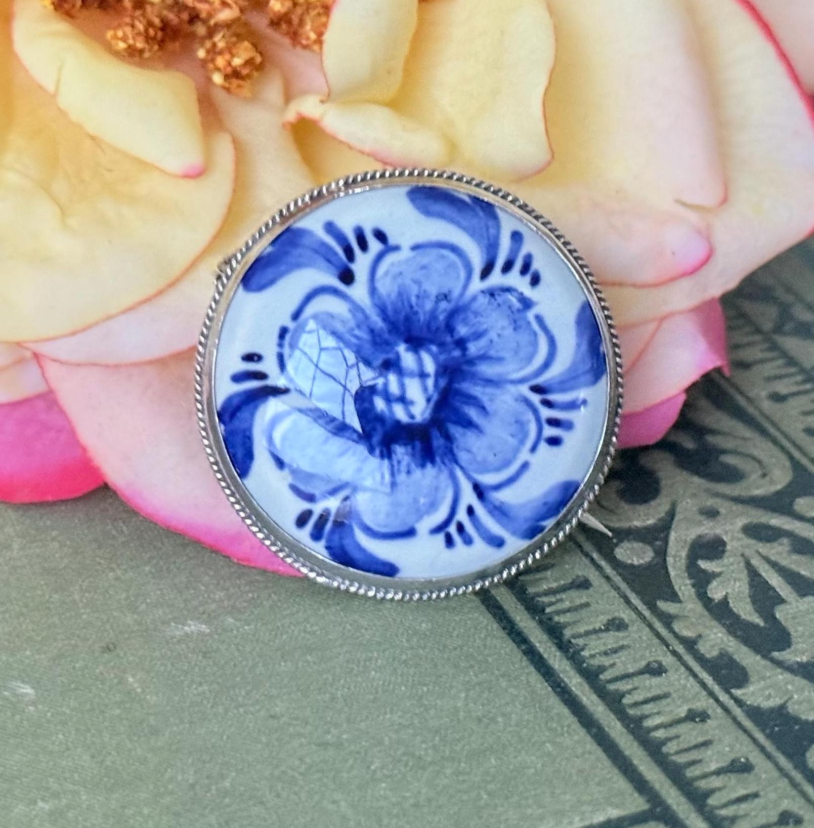 Vintage 1950s Delft Blue & White Porcelain Flower Brooch - 835 Silver ...