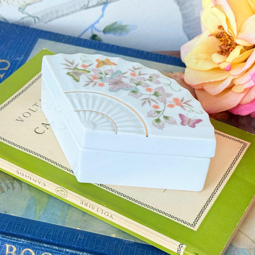 Avon Fan Trinket Box | 1980 Porcelain Butterfly Box | Made in Japan ...