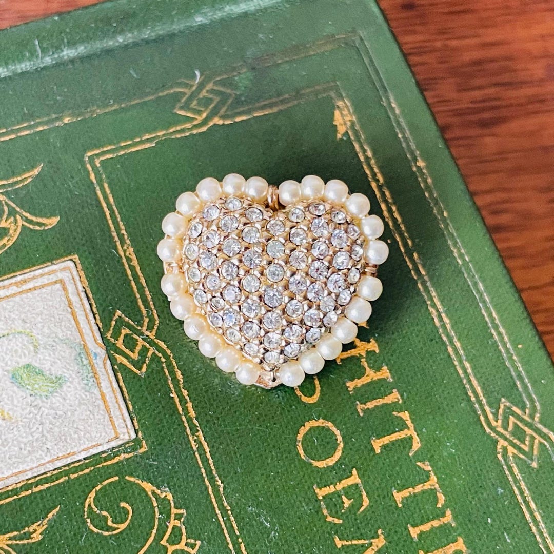 Vintage Ciner Heart Brooch | 1930s Art Deco Crystal Pin | Pave Pearl ...