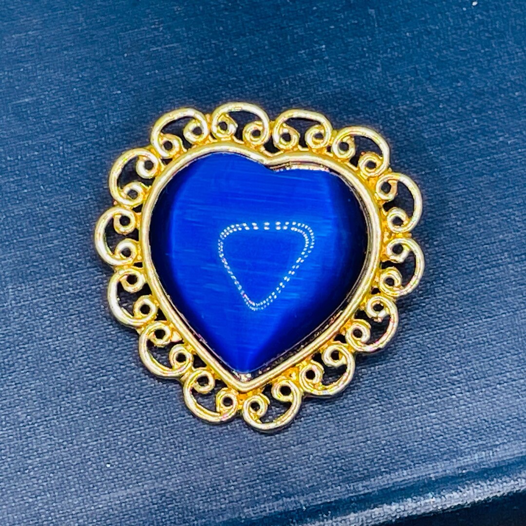 Vintage AAI Blue Heart Brooch | 1990s Gold Scroll Cabochon Pin ...