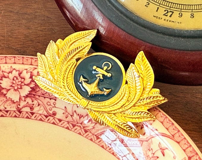 1980s Anchor Brooch Gold & Navy | Vintage Nautical Crest Pin | Maritime ...