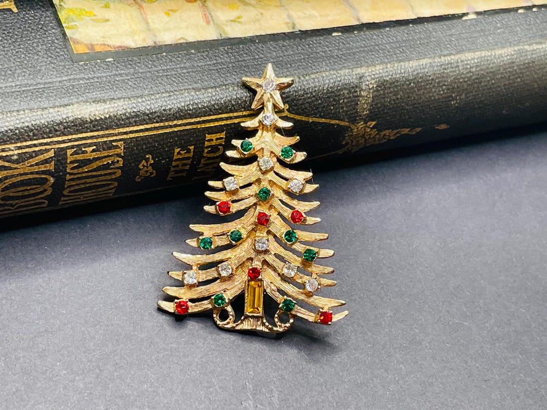Vintage Mylu Christmas Tree Brooch | 1960s Rhinestone Holiday Pin | Mid ...