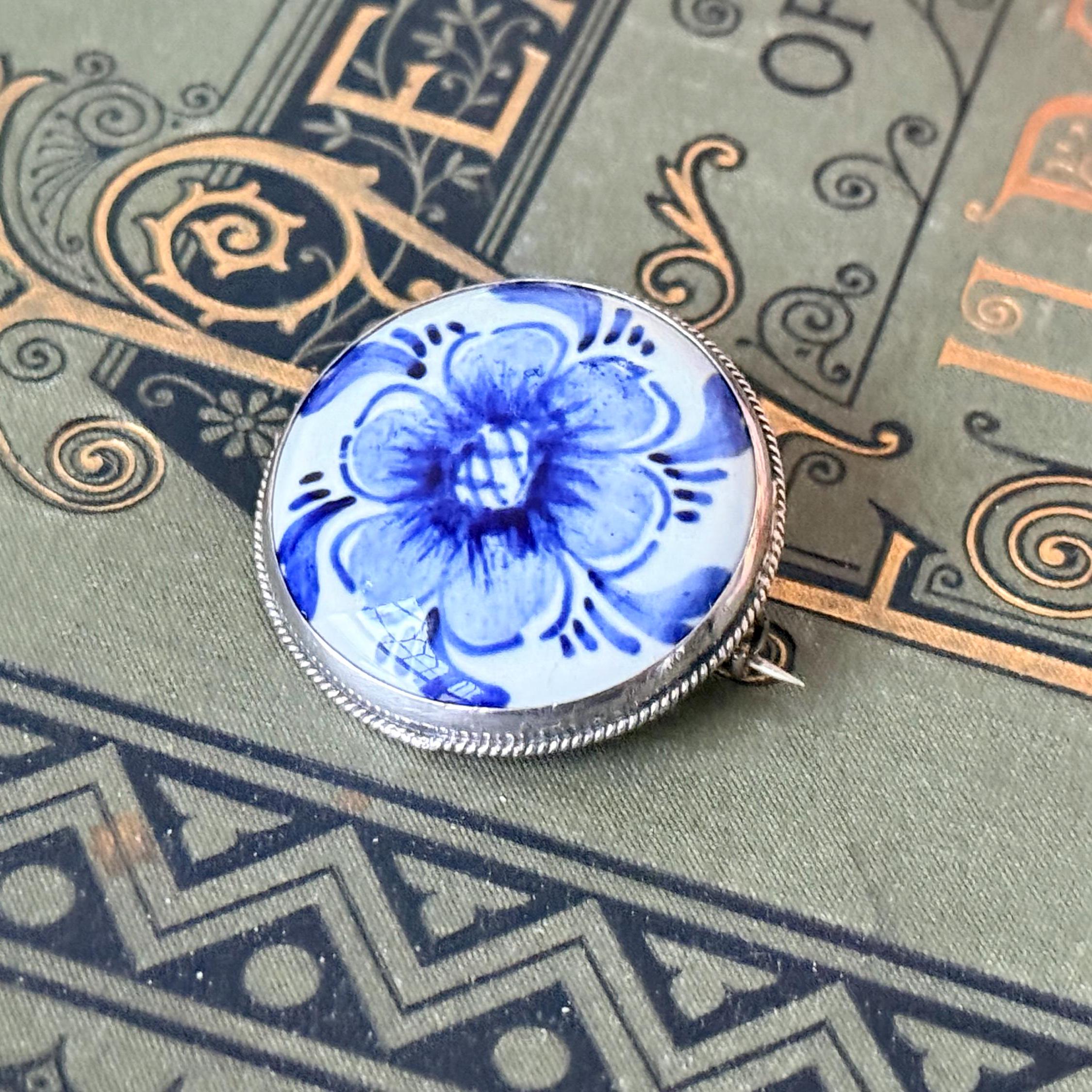 Vintage 1950s Delft Blue & White Porcelain Flower Brooch - 835 Silver ...