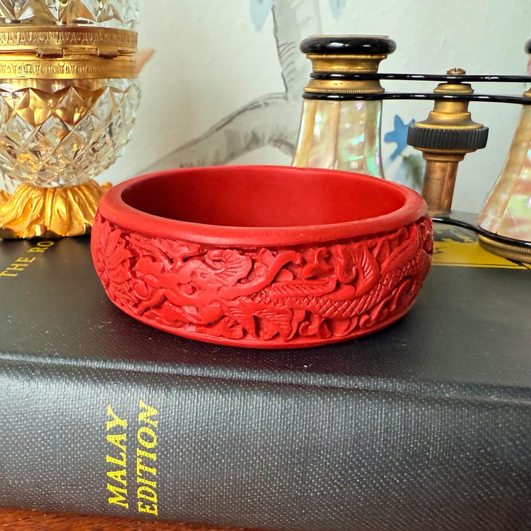 Antique Cinnabar Bangle: Hand Carved Dragon & Phoenix, 1920s Asian ...