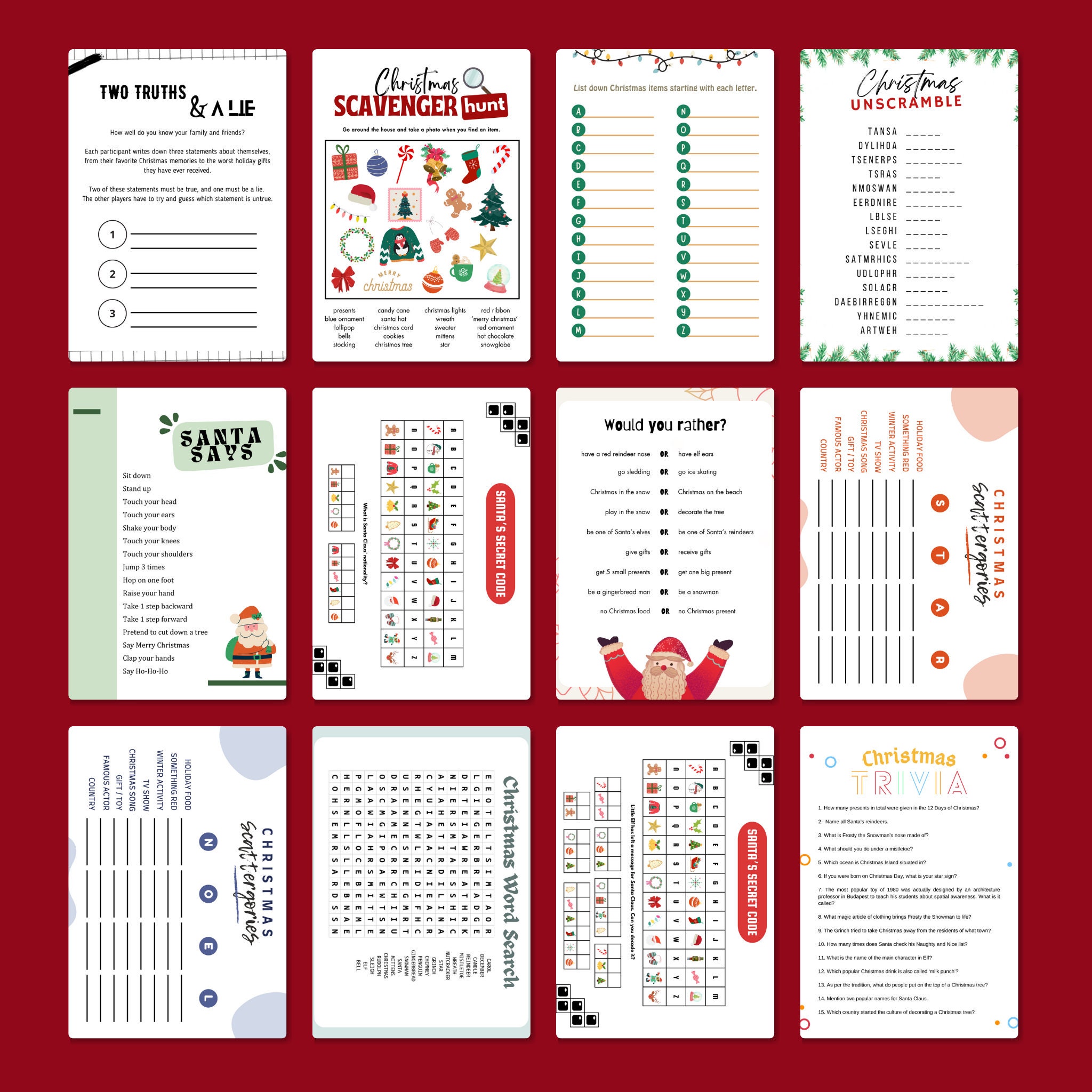 Christmas Games Bundle Printable Games Instant Download Fun Holiday ...