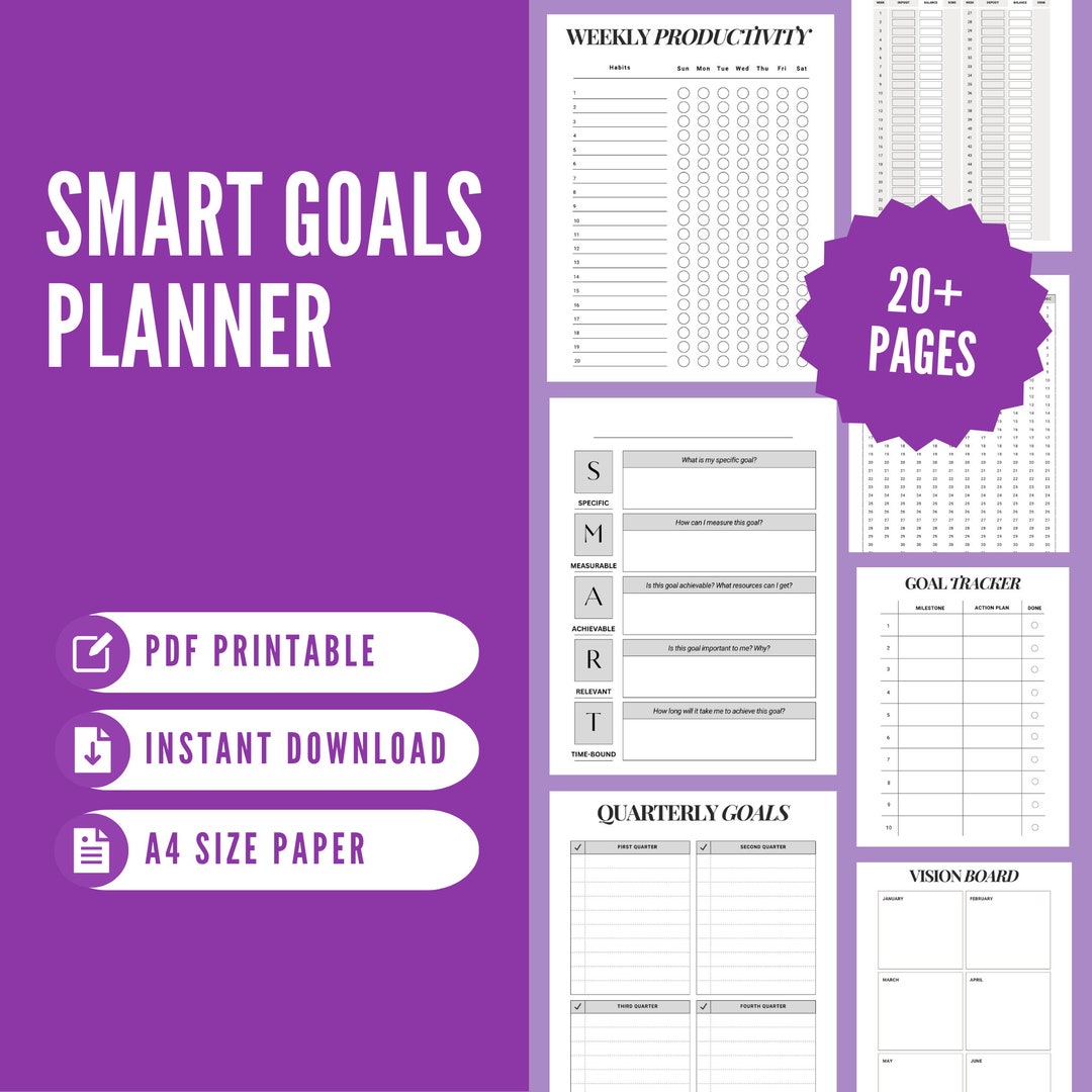 Goals Planner Printable SMART Goal Setting Productivity Habits Tracker ...