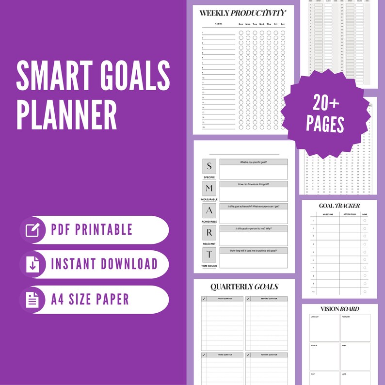 Goals Planner Printable SMART Goal Setting Productivity Habits Tracker ...