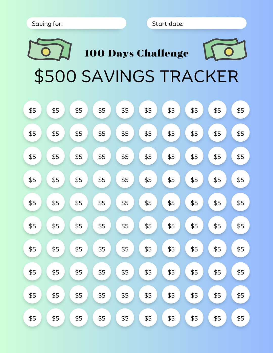 Printable Savings Tracker 500-2000 Dollars - Etsy