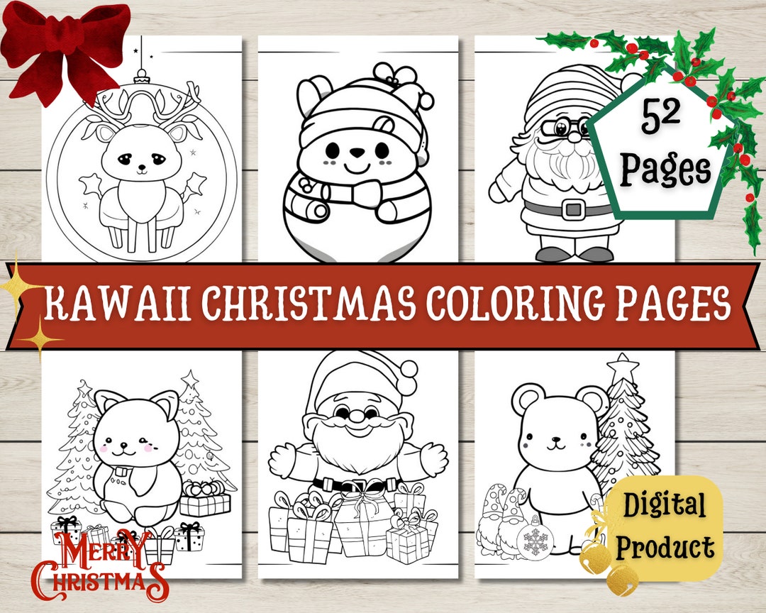 52 Pages Kawaii Christmas Coloring, Digital Pages, Christmas Coloring ...
