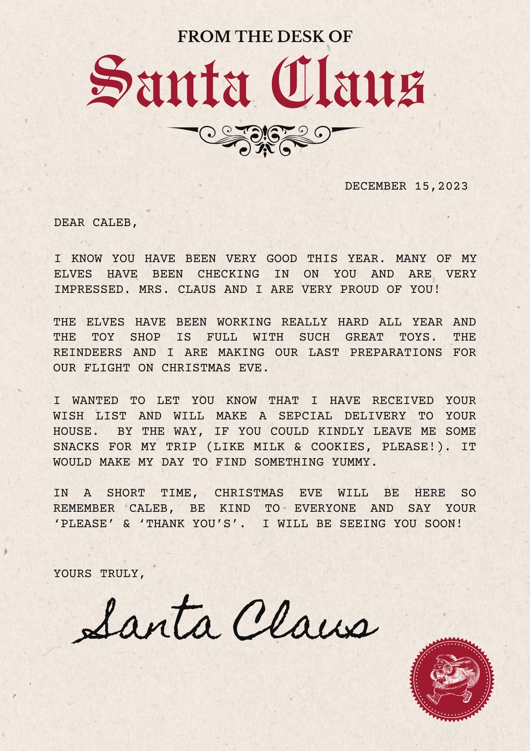 Personalizable Santa Letter - Etsy